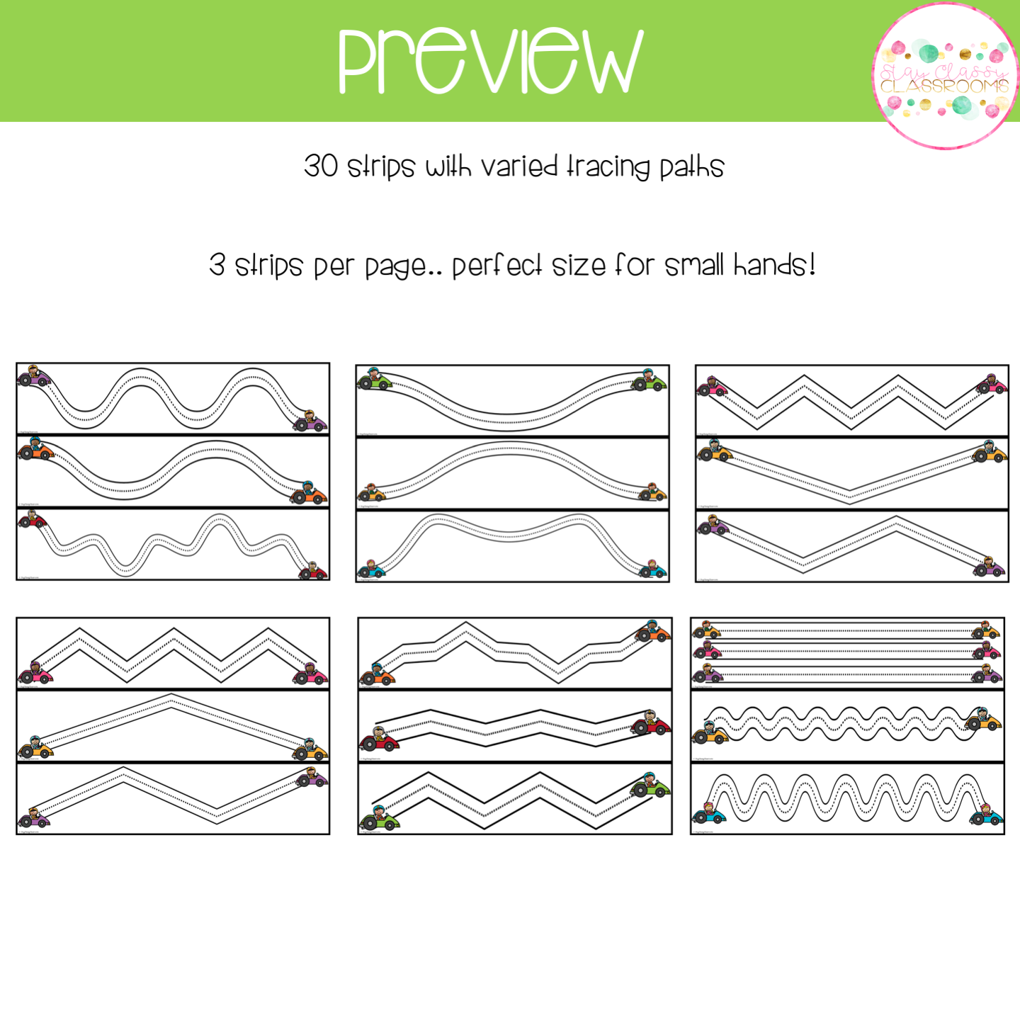 Pre-Writing Tracing Strips - Racing Cars - Stay Classy Classrooms