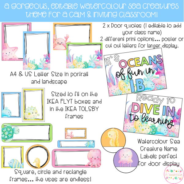 Watercolour Sea Creatures Classroom Theme Pack - Stay Classy Classrooms