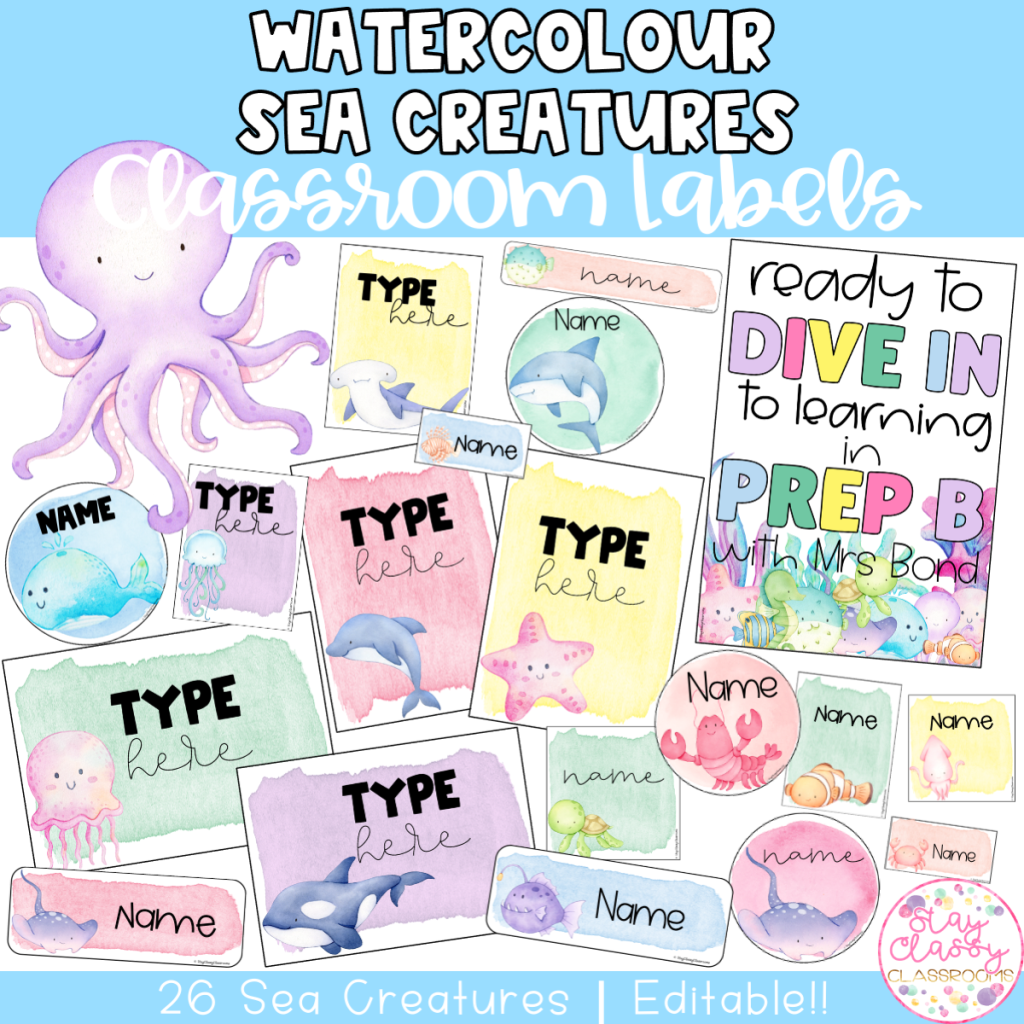 Watercolour Sea Creatures Classroom Theme Pack - Stay Classy Classrooms