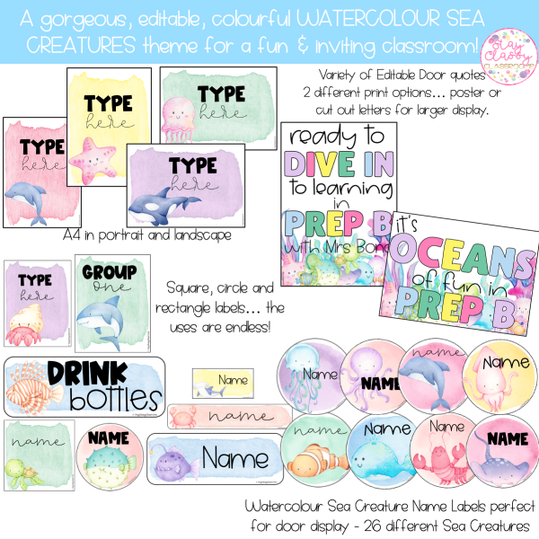 Watercolour Sea Creatures Classroom Theme Pack - Stay Classy Classrooms