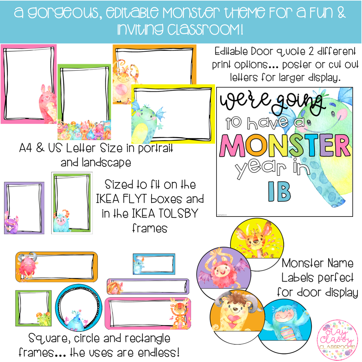 Watercolour Monsters Classroom Theme Pack - Stay Classy Classrooms