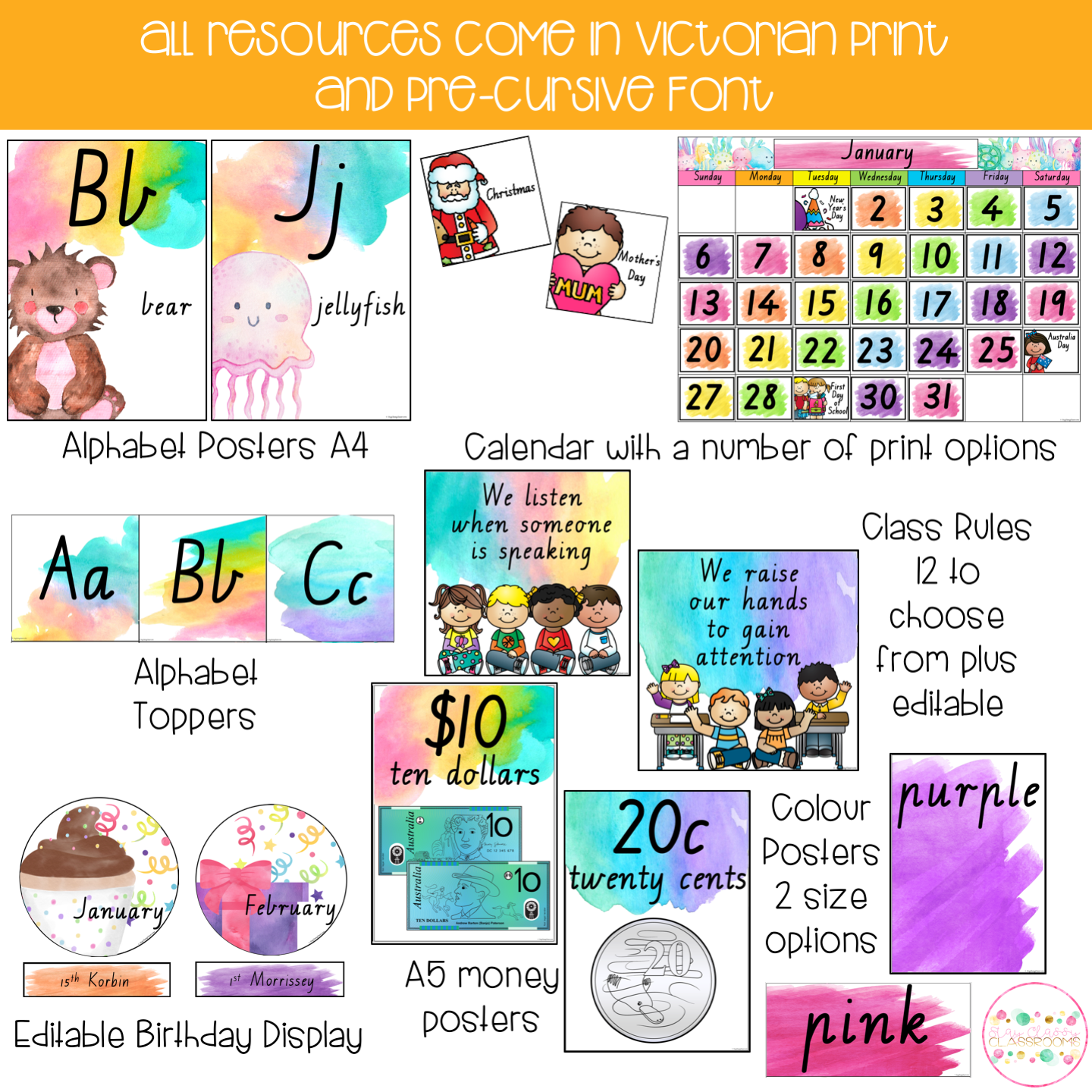 Watercolour Australian Classroom Display Bundle - VICTORIAN FONTS ...