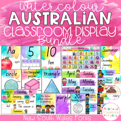 Watercolour Australian Classroom Display Bundle - NEW SOUTH WALES FONTS ...
