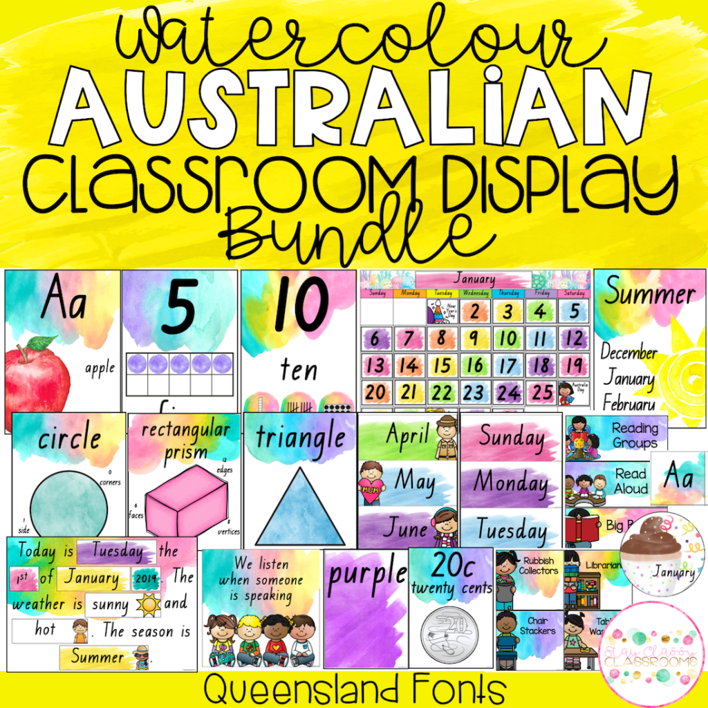 Watercolour Australian Classroom Display Bundle - QUEENSLAND FONTS ...