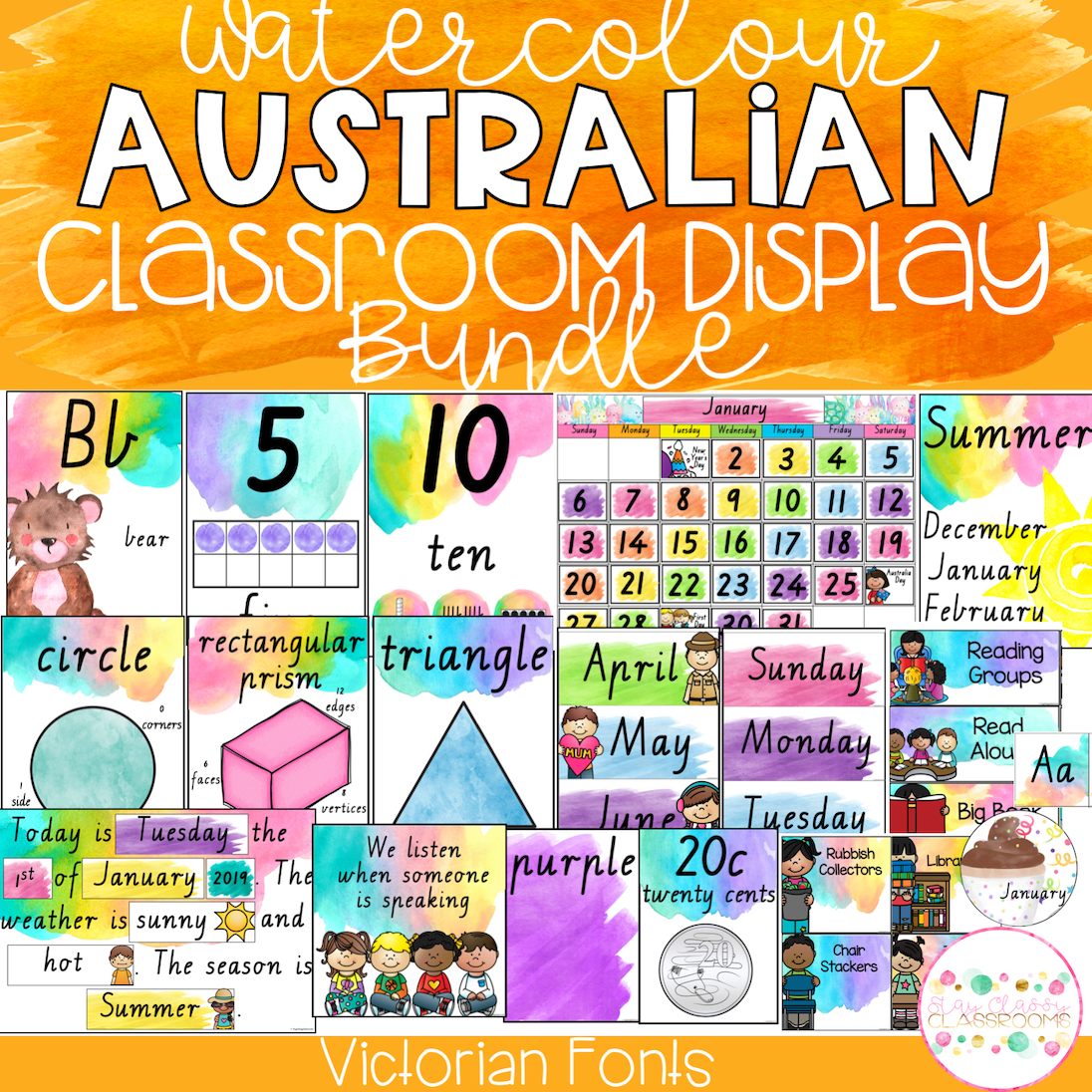Watercolour Australian Classroom Display Bundle - VICTORIAN FONTS ...