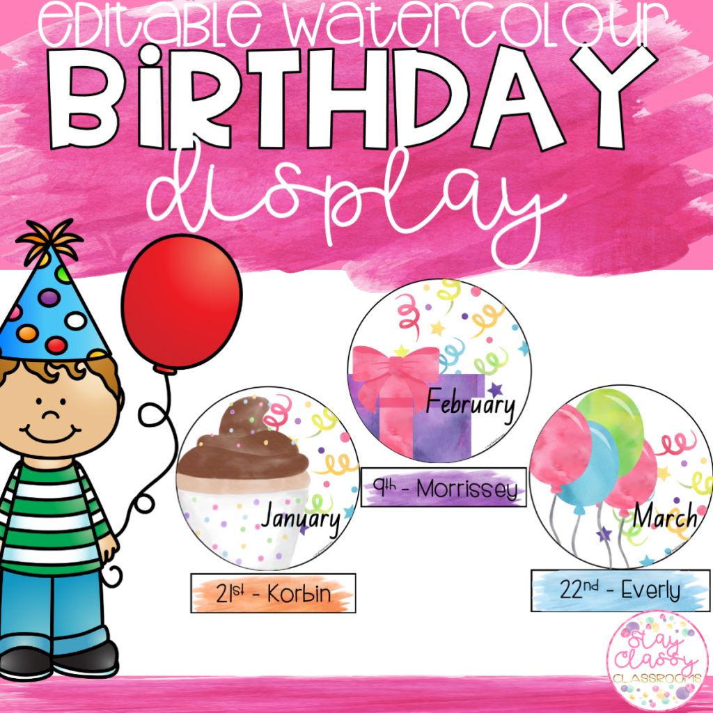 Watercolour Editable Birthday Display - Stay Classy Classrooms