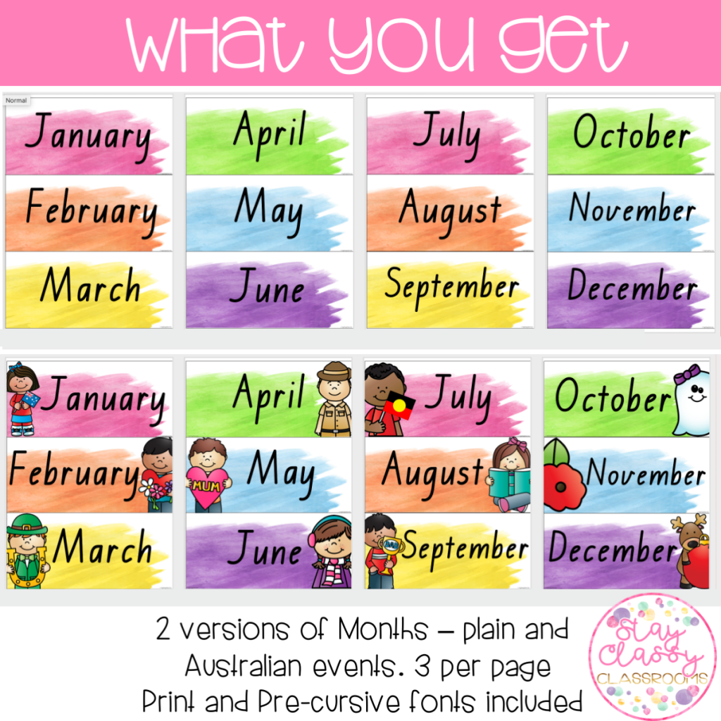 Watercolour Days and Months - Australian Holidays - Stay Classy Classrooms