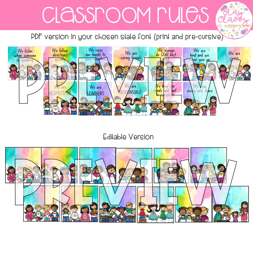 Watercolour Classroom Rules - Editable and State Fonts - Stay Classy ...