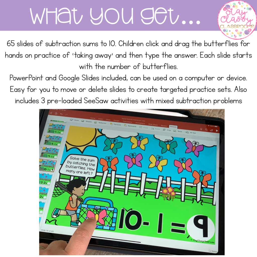 Digital Subtraction to 10 - Butterflies - Stay Classy Classrooms