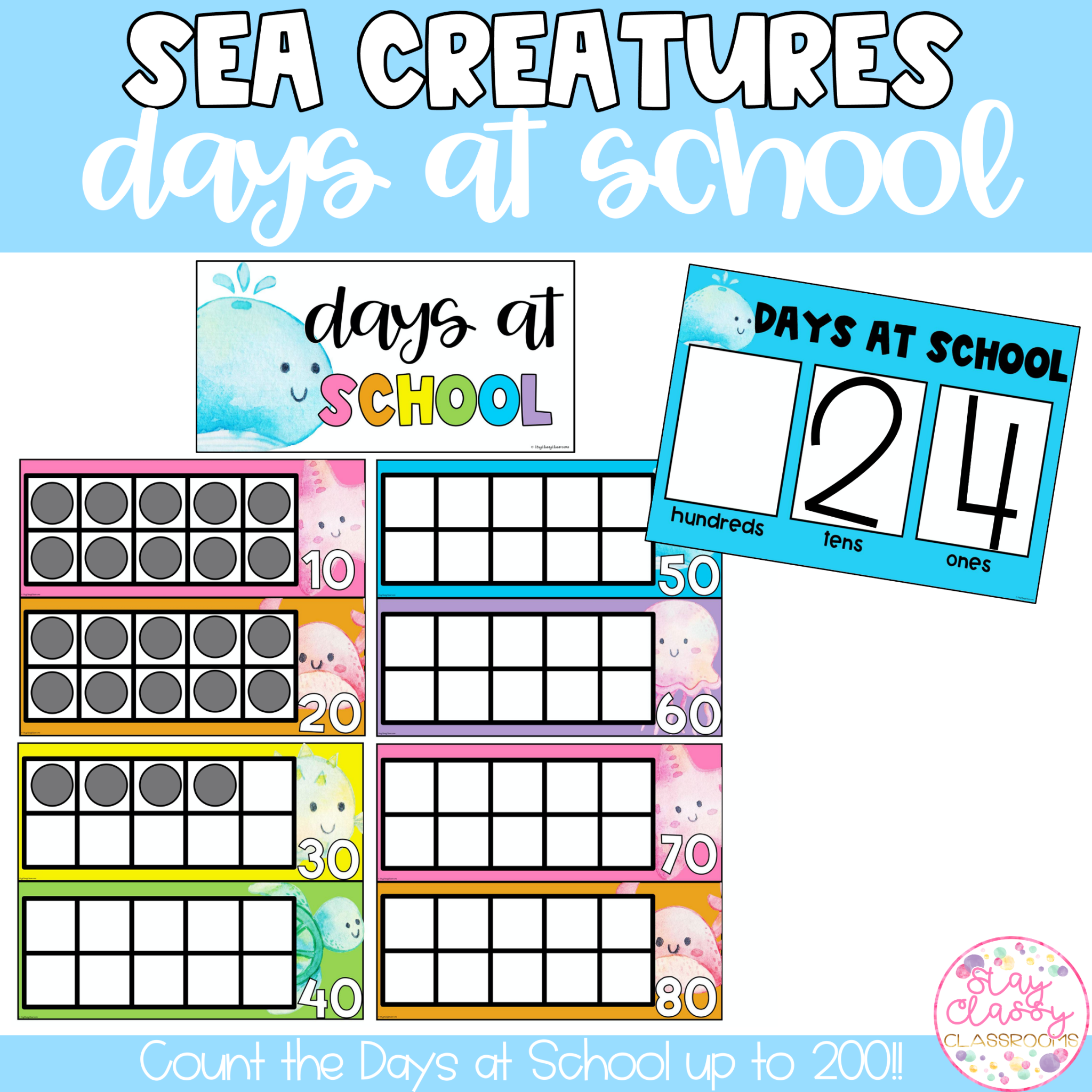 WATERCOLOUR SEA CREATURES Days at School Display | 100 Days of School ...