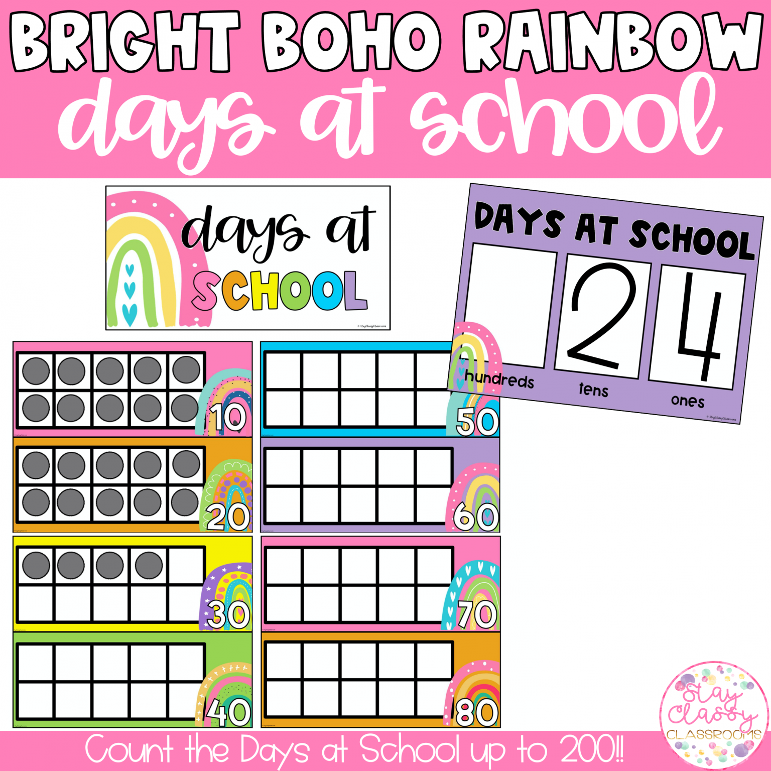 BRIGHT BOHO RAINBOW Days at School Display | 100 Days of School - Stay ...