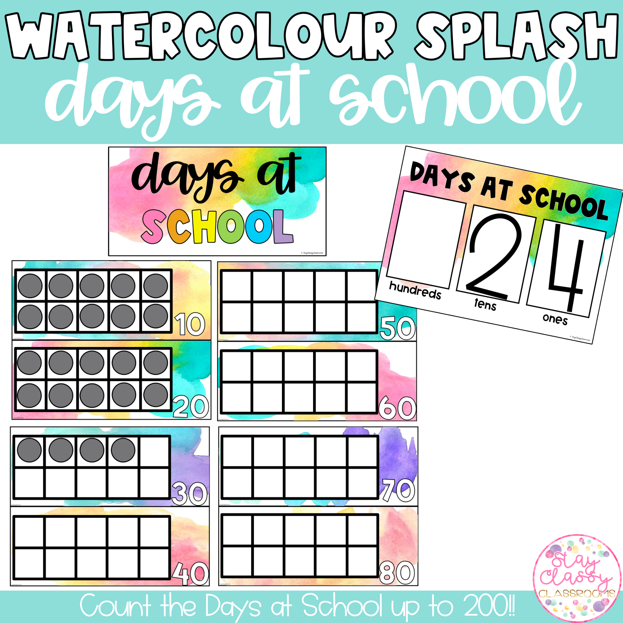 WATERCOLOUR SPLASH Days at School Display | 100 Days of School - Stay ...