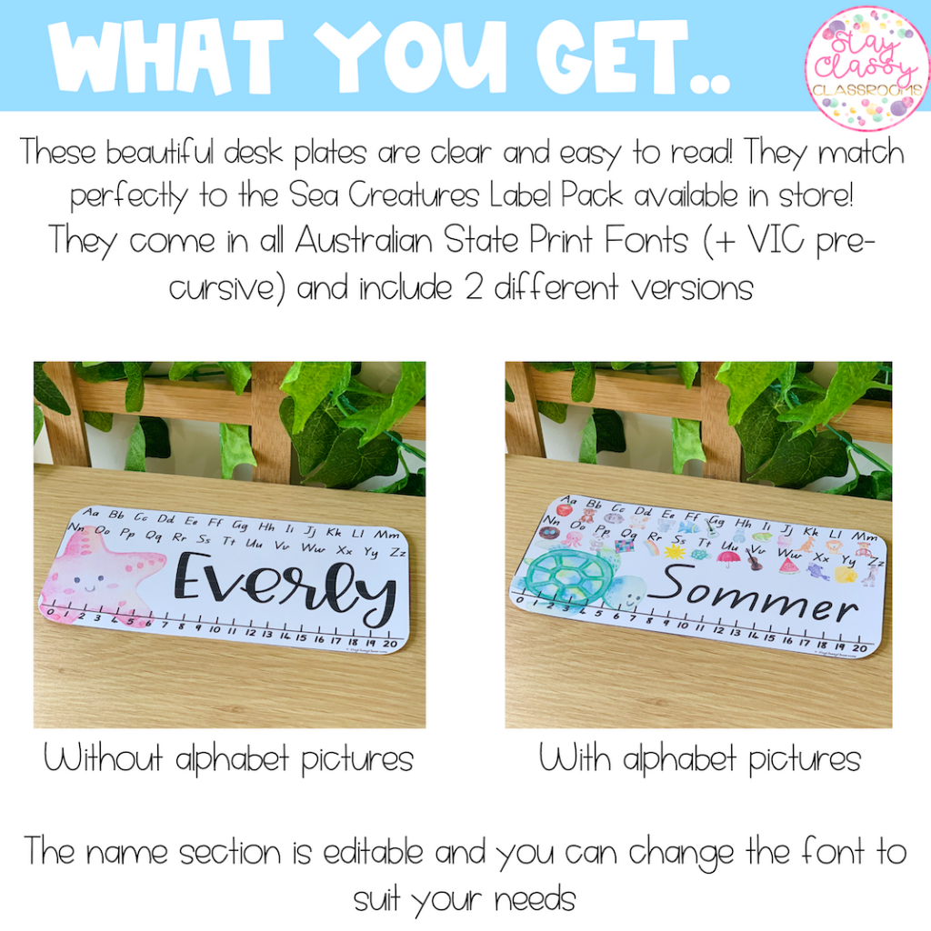 Watercolour Sea Creatures Editable Desk Plates - Stay Classy Classrooms