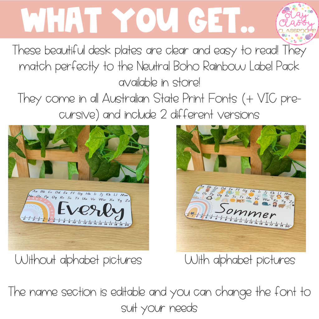 Neutral Boho Rainbow Editable Desk Plates - Stay Classy Classrooms