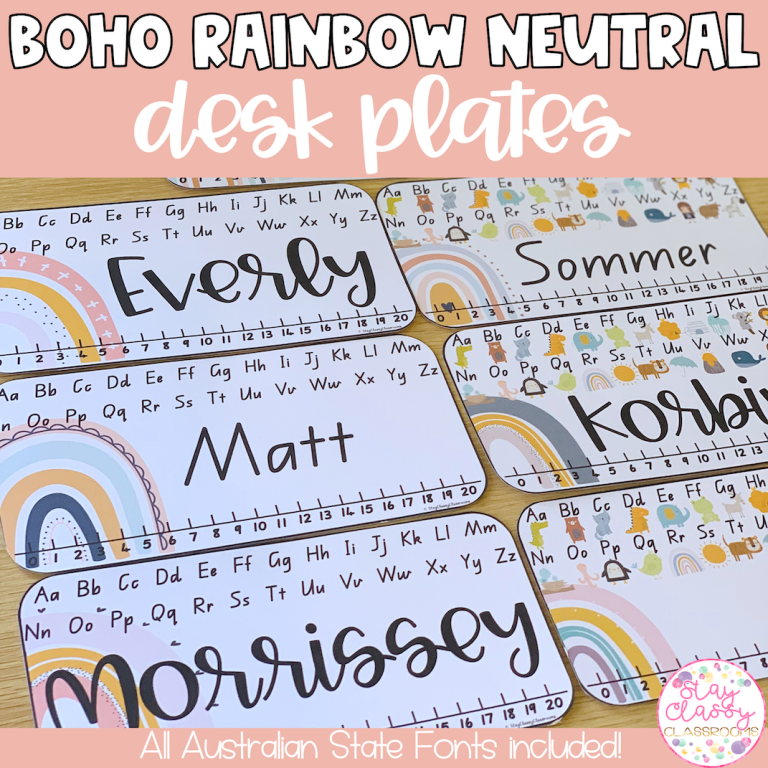 Neutral Boho Rainbow Editable Desk Plates - Stay Classy Classrooms