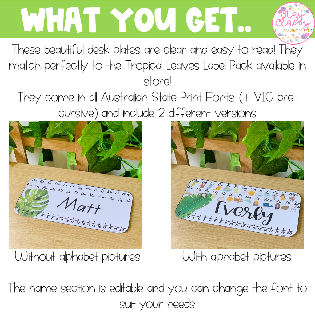 Tropical Leaves Editable Desk Plates - Stay Classy Classrooms