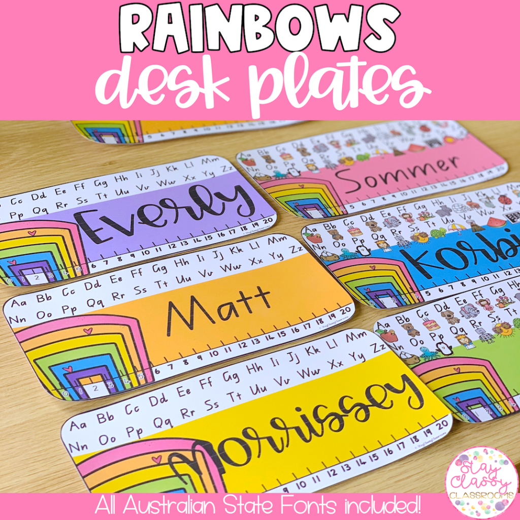Rainbows Editable Desk Plates - Stay Classy Classrooms