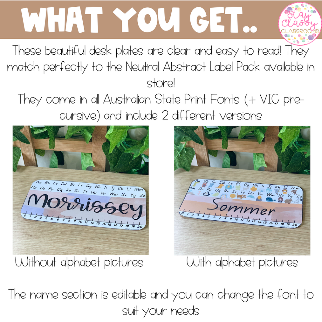 Neutral Abstract Editable Desk Plates - Stay Classy Classrooms