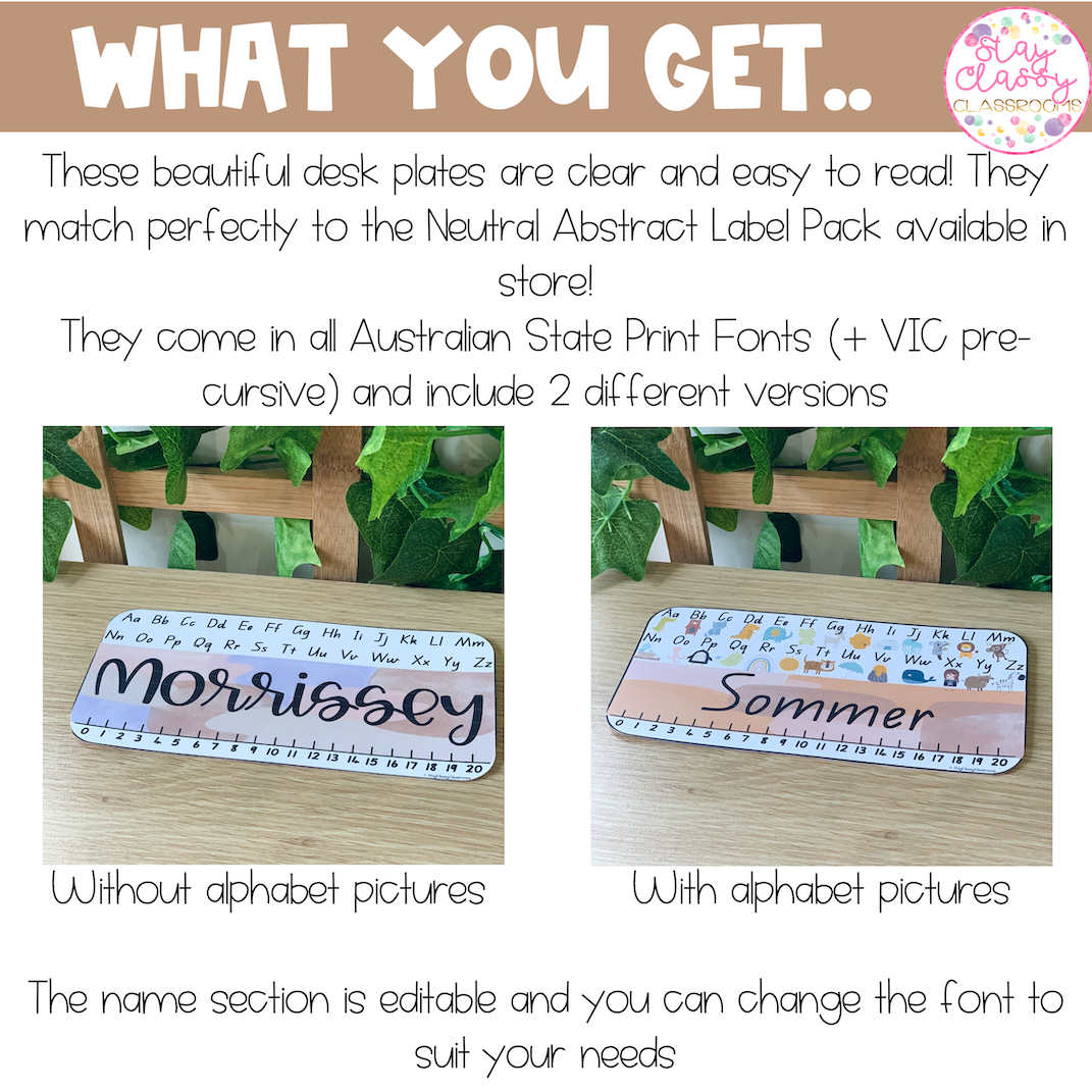 Neutral Abstract Editable Desk Plates - Stay Classy Classrooms