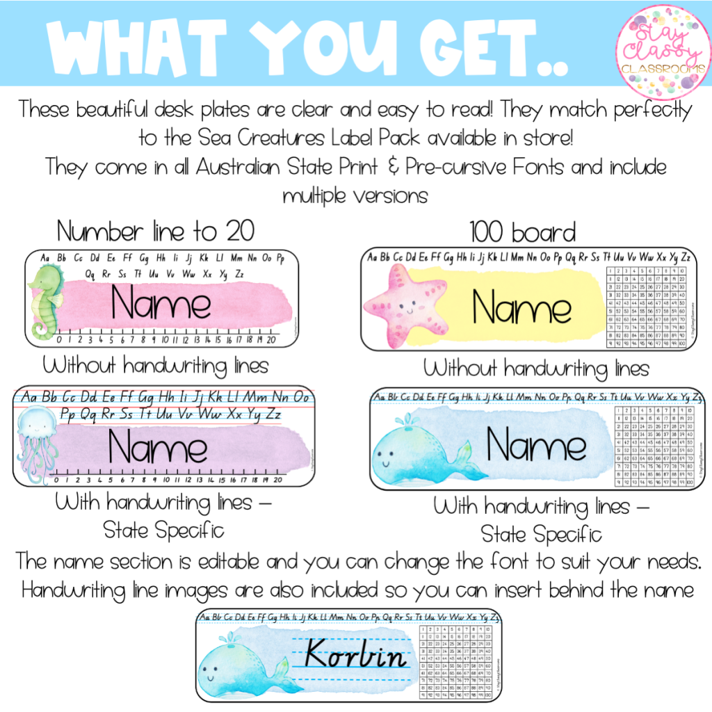 Watercolour Sea Creatures Editable Desk Plates - Stay Classy Classrooms