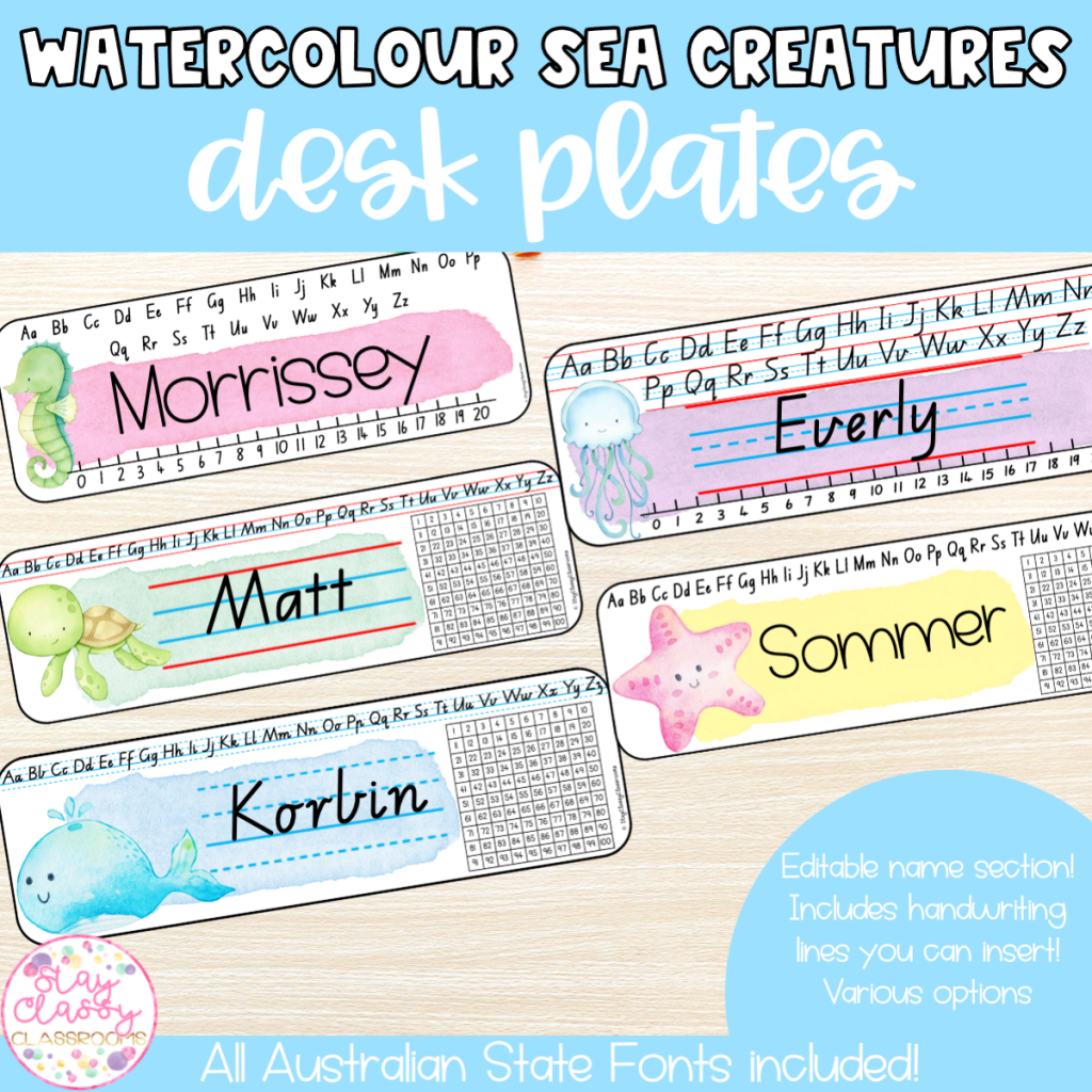 Watercolour Sea Creatures Editable Desk Plates - Stay Classy Classrooms