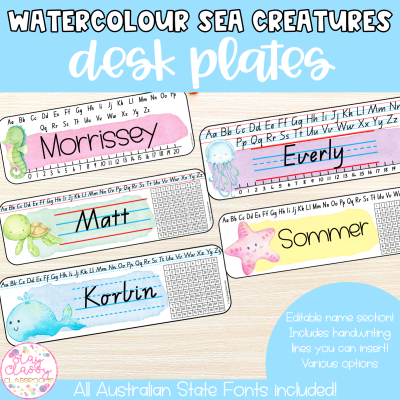 Watercolour Sea Creatures Editable Desk Plates - Stay Classy Classrooms