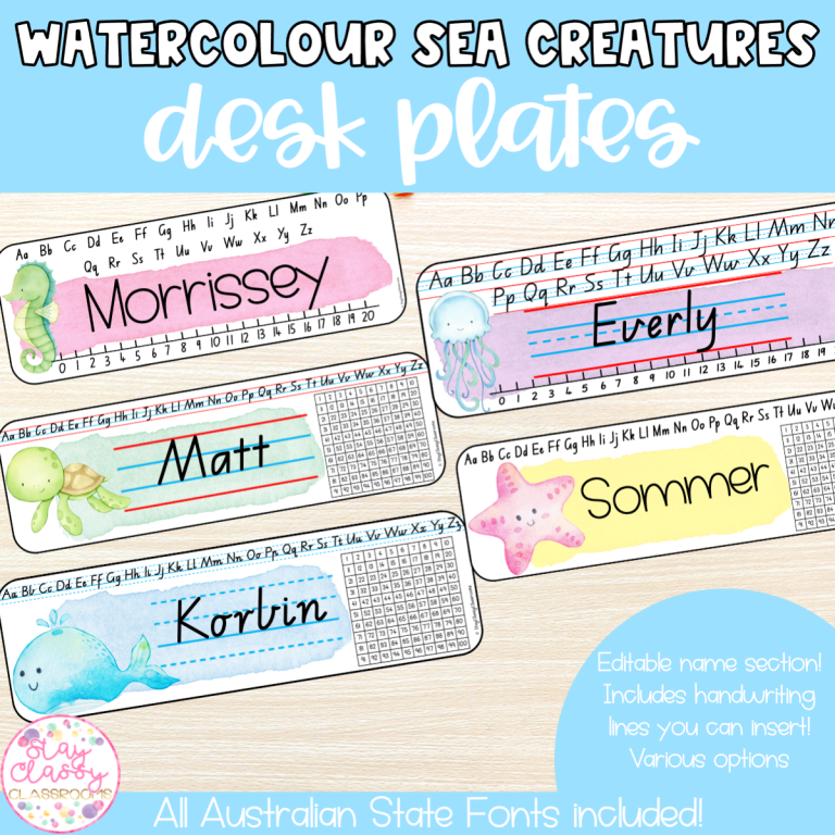 Watercolour Sea Creatures Editable Desk Plates - Stay Classy Classrooms