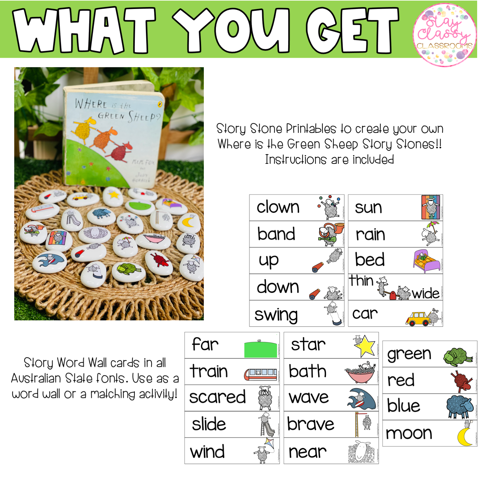 Green Sheep | Story Stone Printables and Word Wall - Stay Classy Classrooms