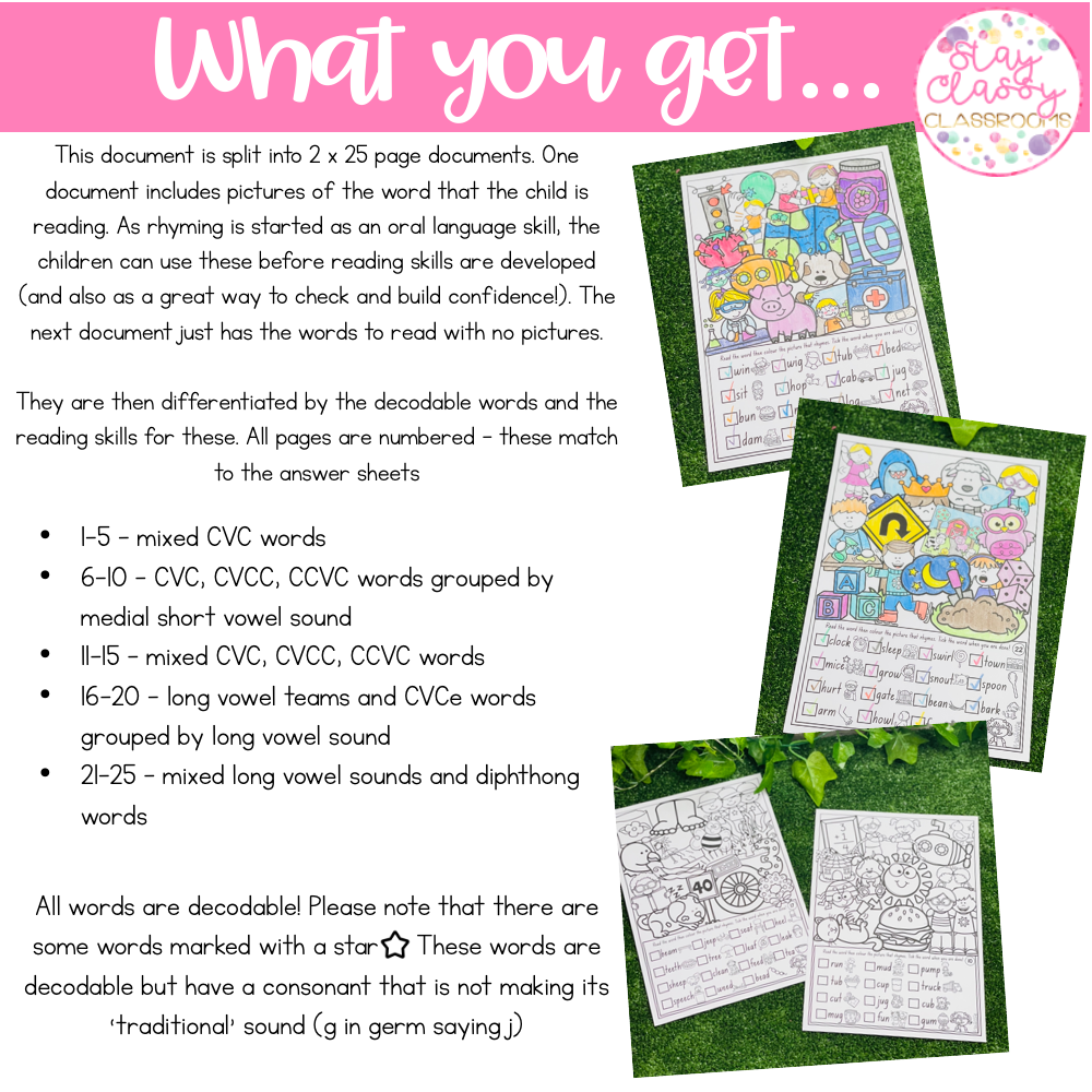 Decodable Rhyming Words - Find and Colour Printables - Stay Classy ...