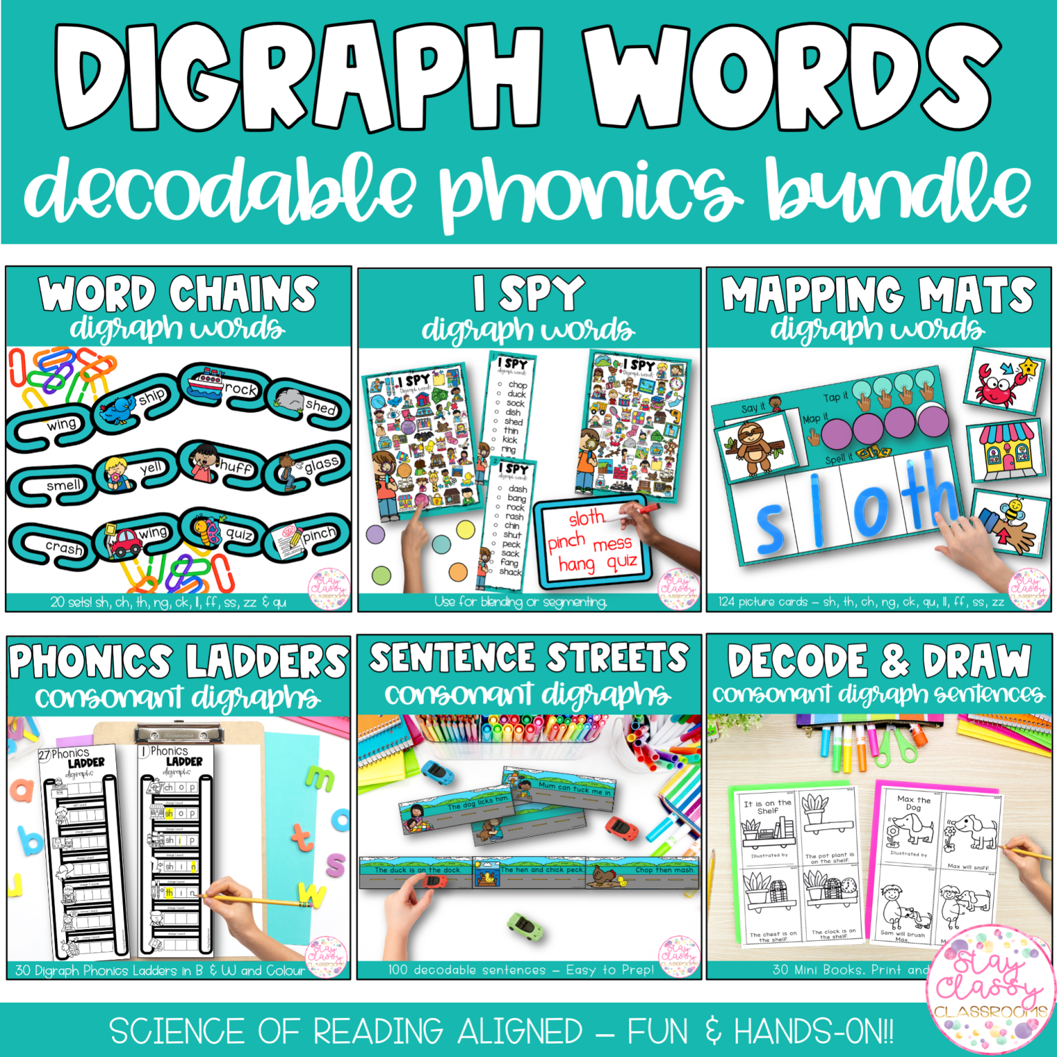 Consonant Digraph Words Decodable Phonics BUNDLE - Stay Classy Classrooms