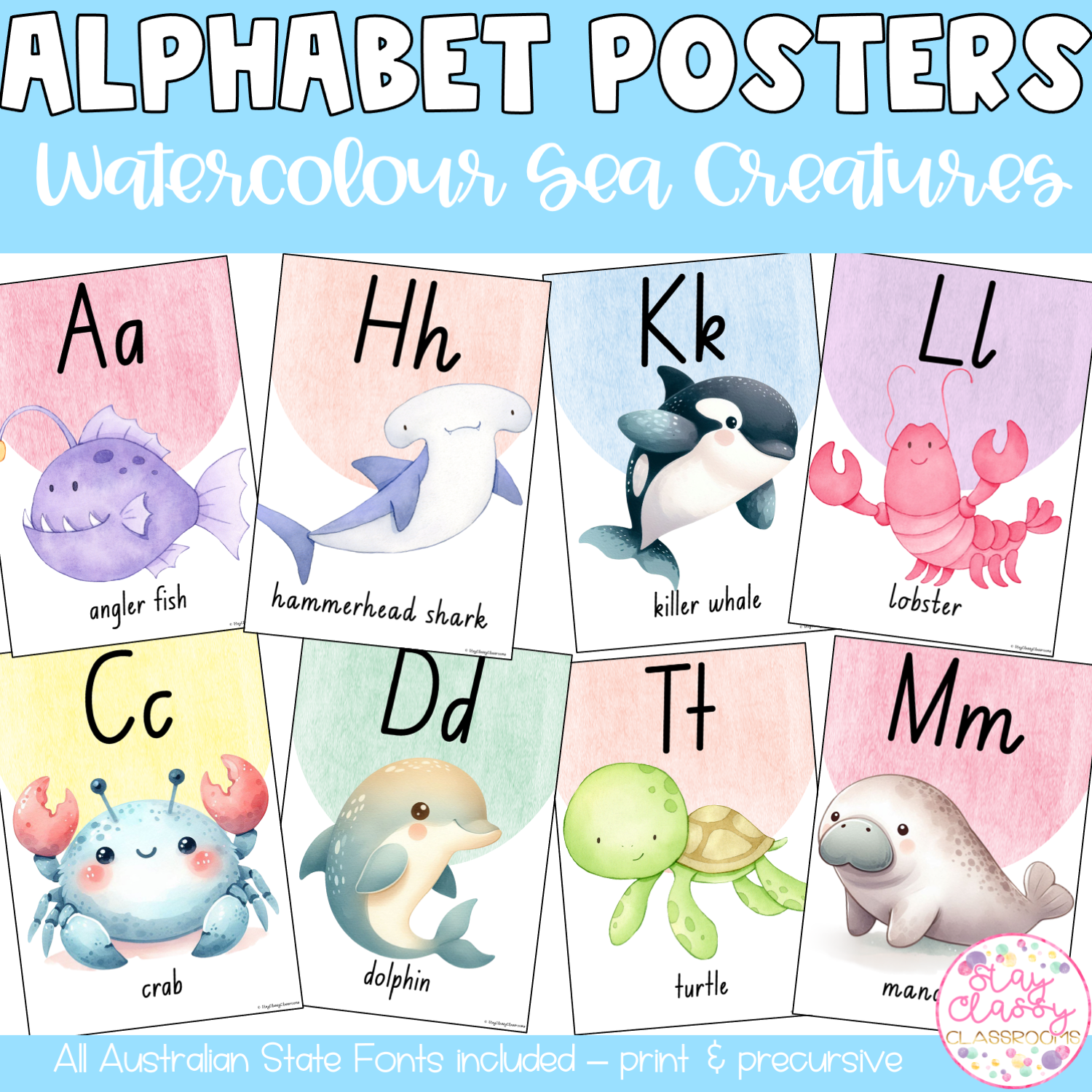 WATERCOLOUR SEA CREATURES Alphabet Posters | Classroom Decor | All ...