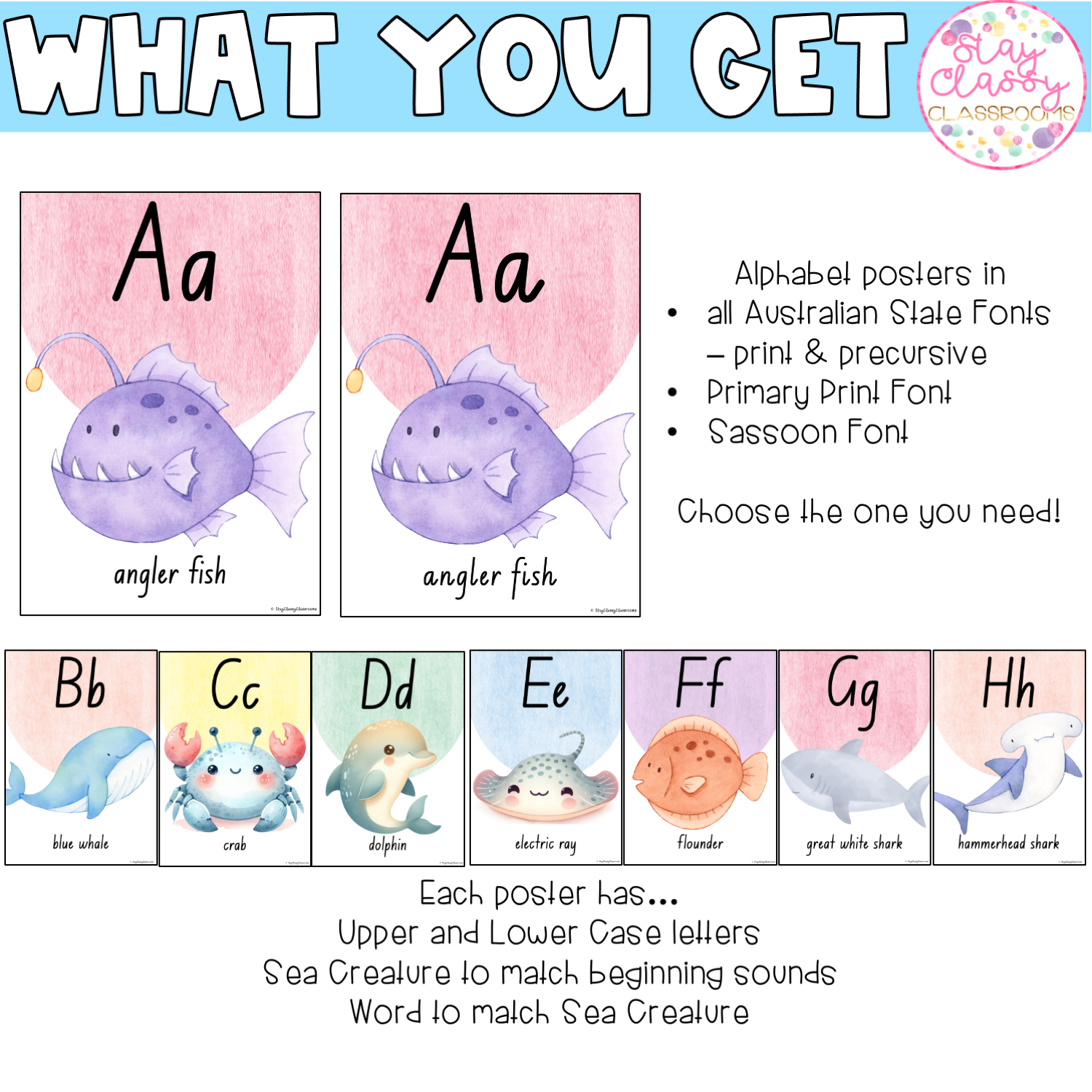WATERCOLOUR SEA CREATURES Alphabet Posters | Classroom Decor | All ...