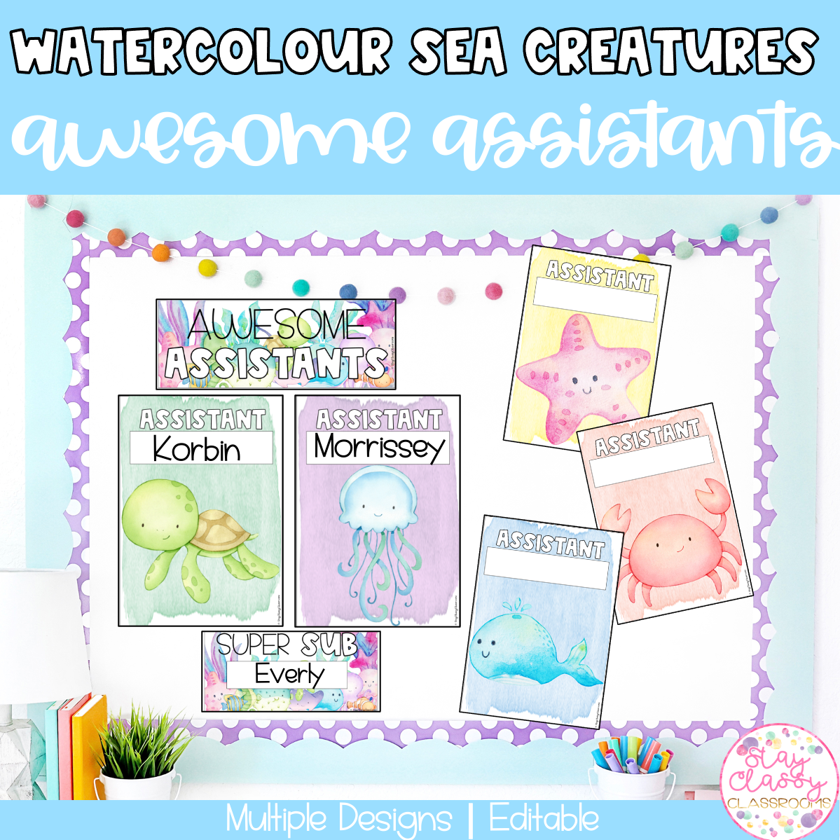 Awesome Assistants | WATERCOLOUR SEA CREATURES | Classroom Jobs Helpers ...