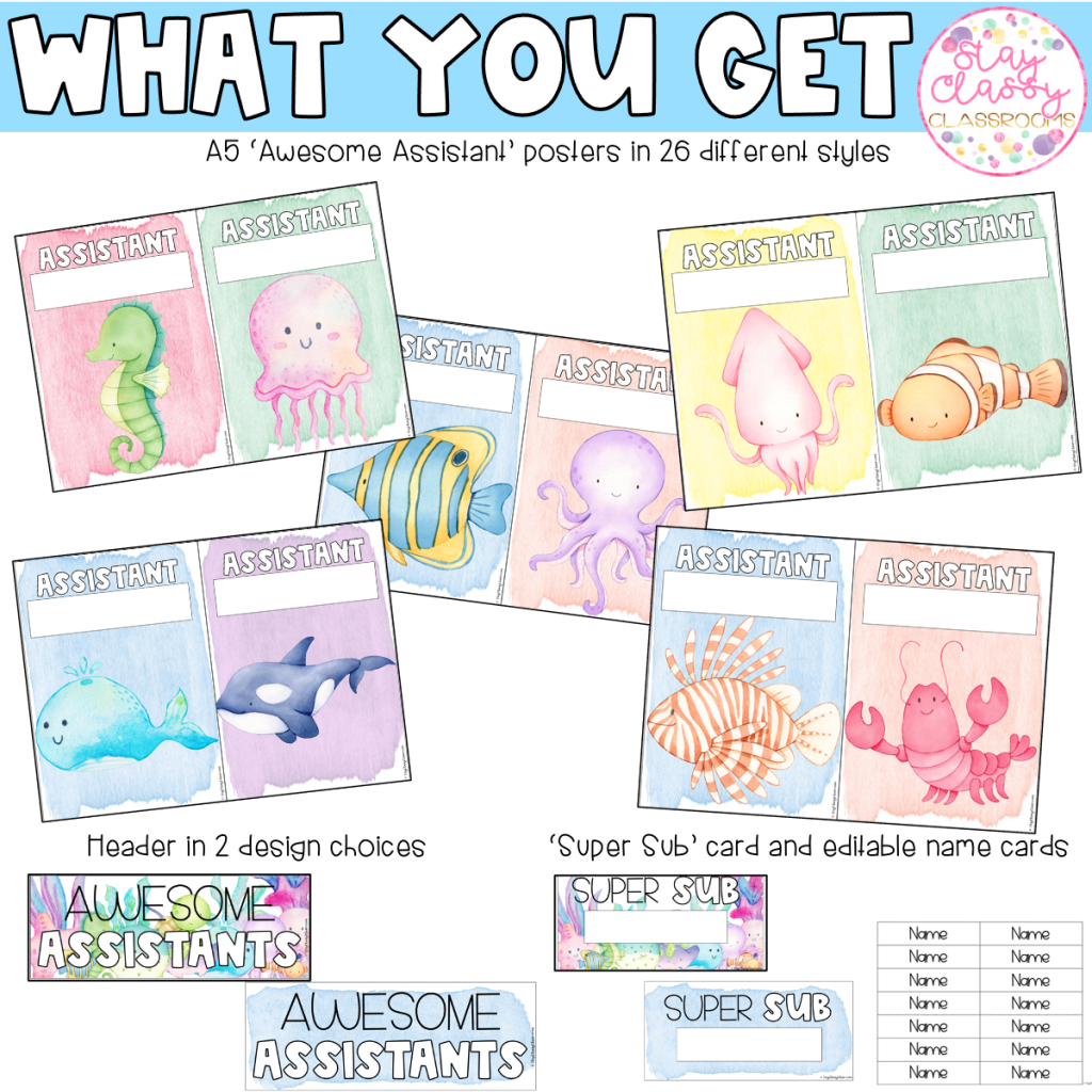 Awesome Assistants | WATERCOLOUR SEA CREATURES | Classroom Jobs Helpers ...