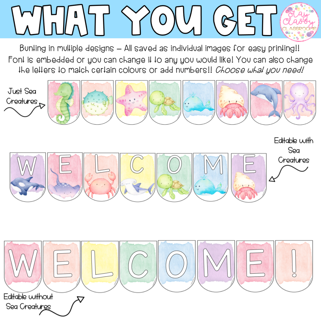 WATERCOLOUR SEA CREATURES Editable Bunting | Classroom Decor - Stay ...