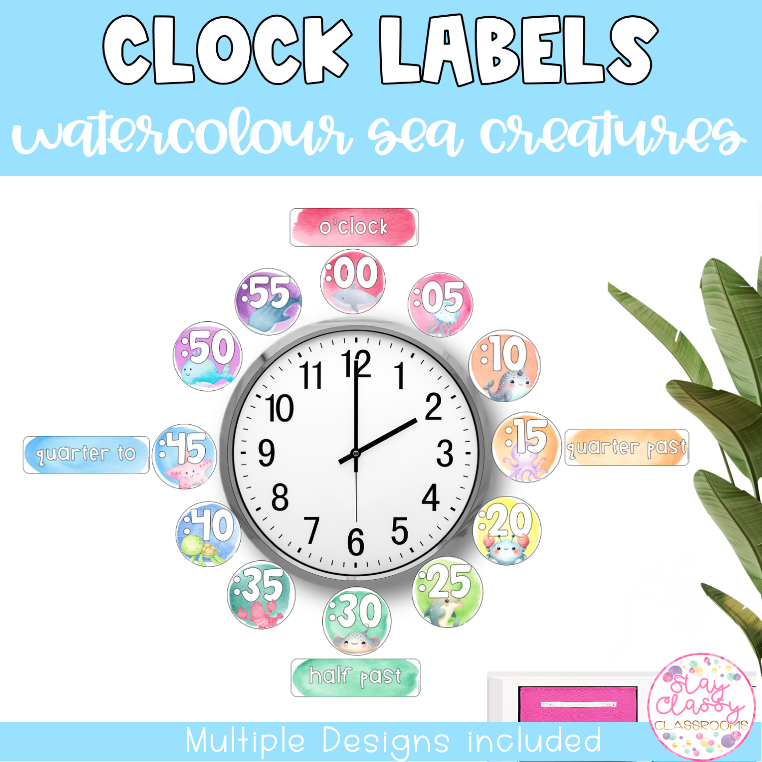 Clock Labels | WATERCOLOUR SEA CREATURES - Stay Classy Classrooms