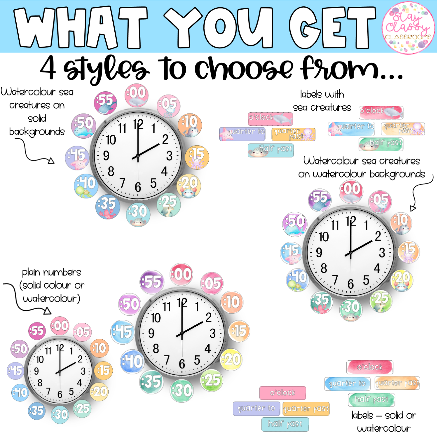 Clock Labels | WATERCOLOUR SEA CREATURES - Stay Classy Classrooms