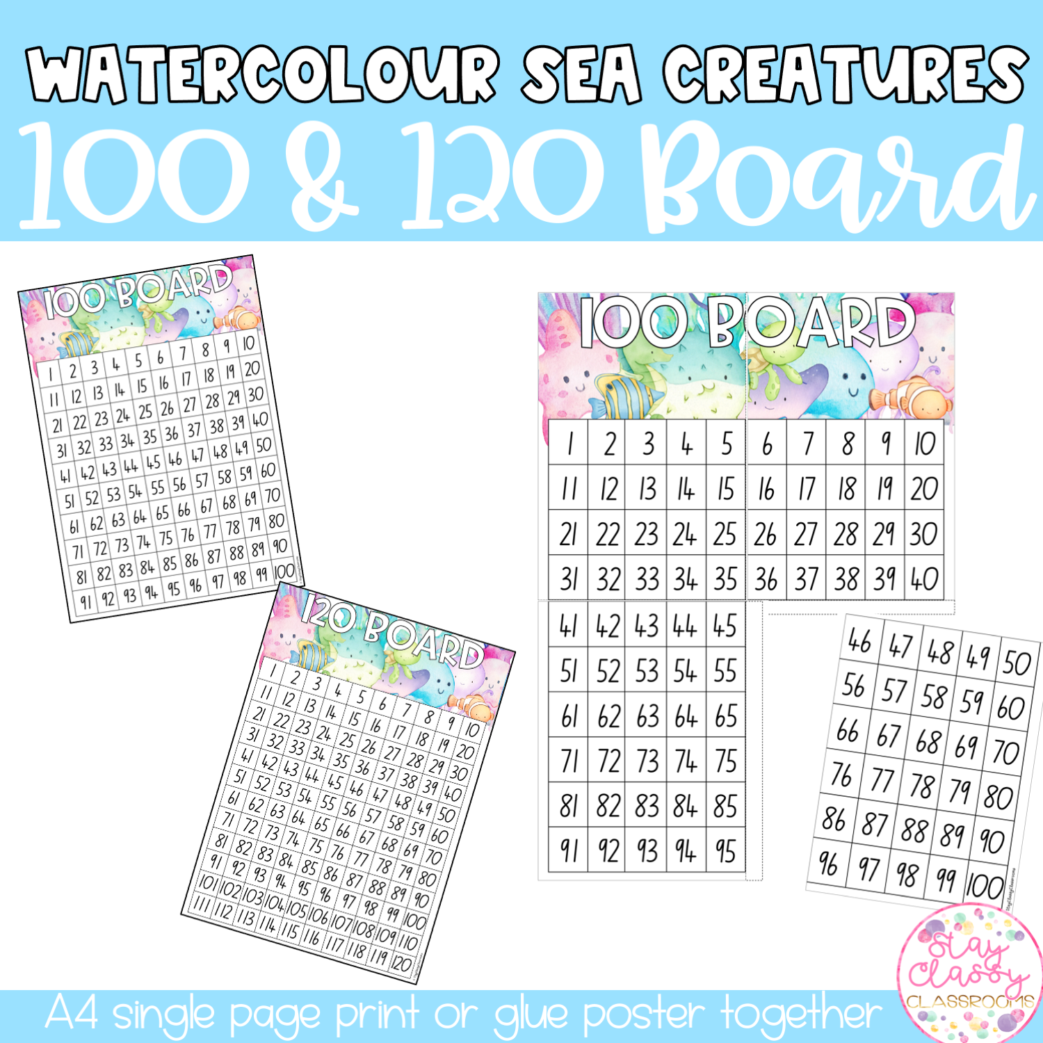 100 & 120 Board Posters | Watercolour Sea Creatures - Stay Classy ...