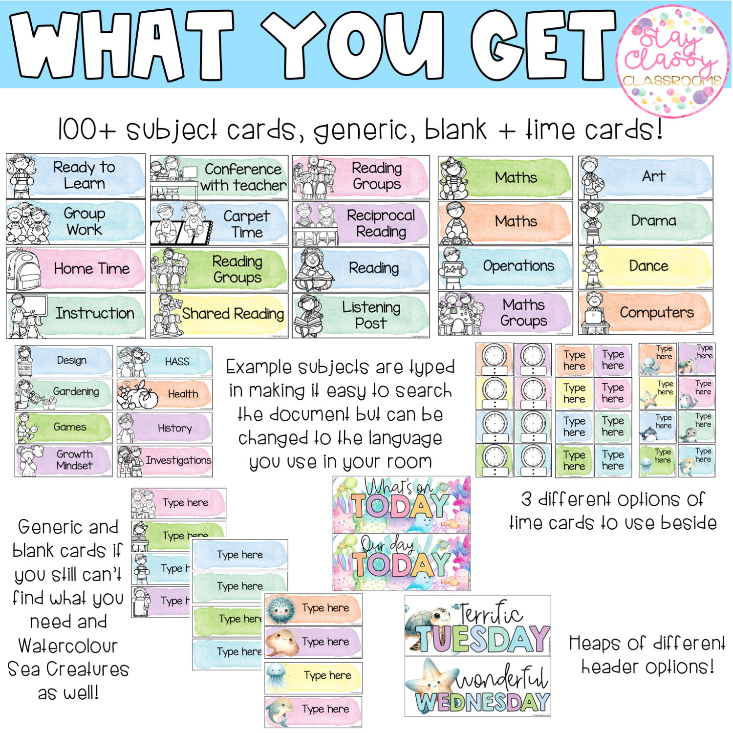 Editable Visual Timetable Cards | WATERCOLOUR SEA CREATURES - Stay ...