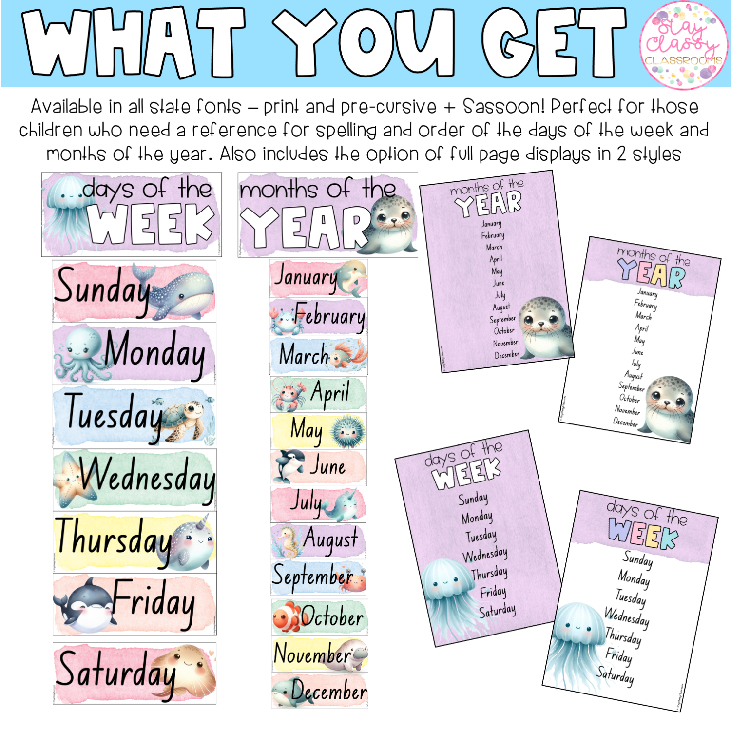 Days & Months Display | WATERCOLOUR SEA CREATURES | All Australian ...