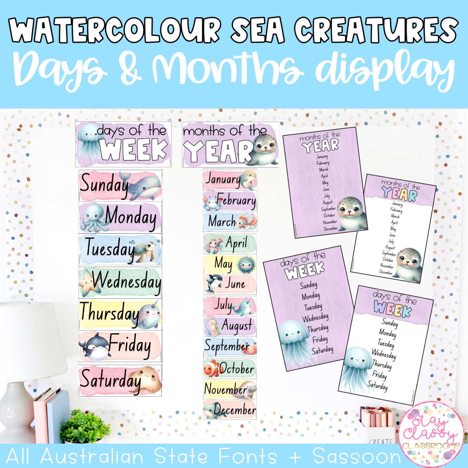 Days & Months Display | WATERCOLOUR SEA CREATURES | All Australian ...