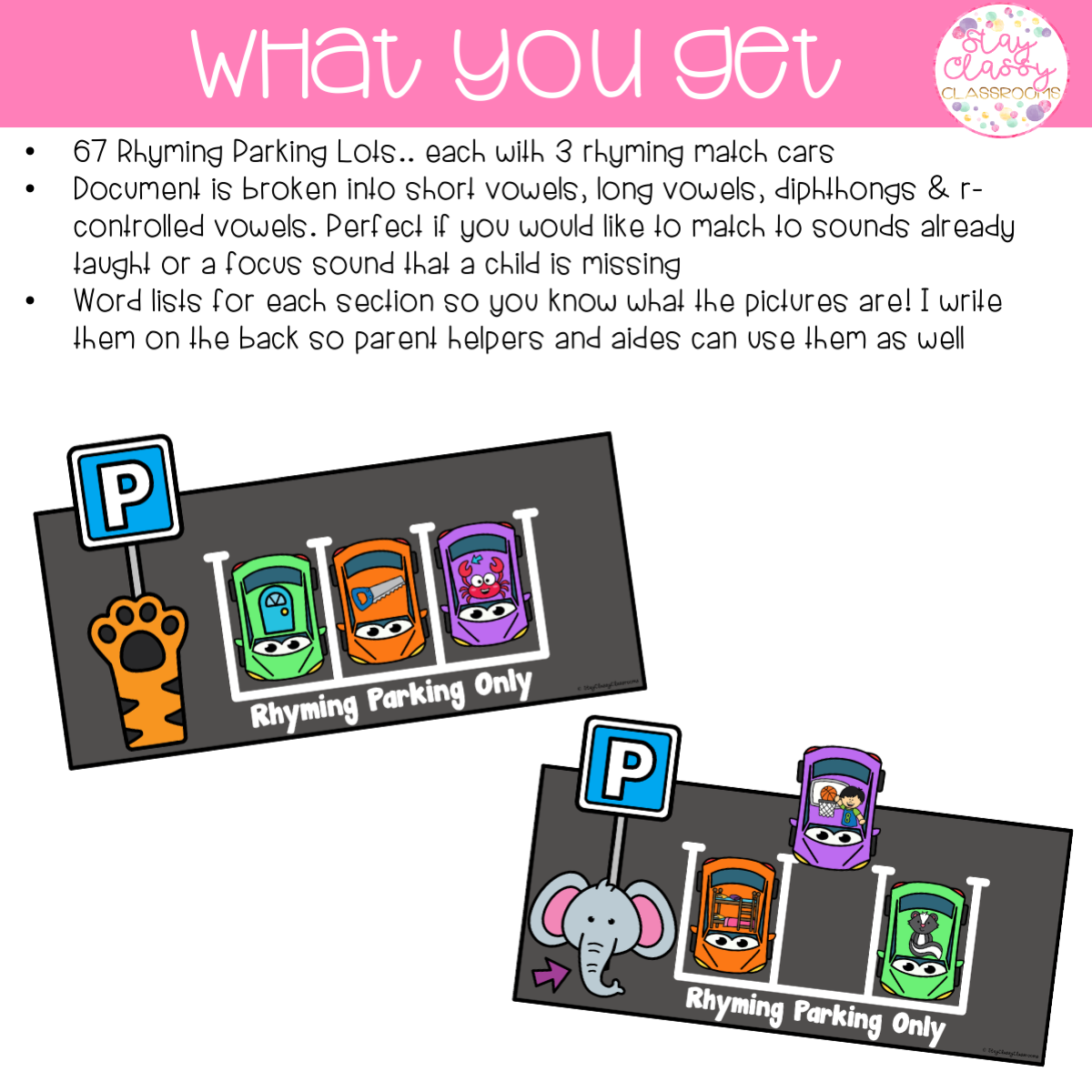 Rhyming Parking Lot | Phonological Awareness Matching Activity - Stay ...